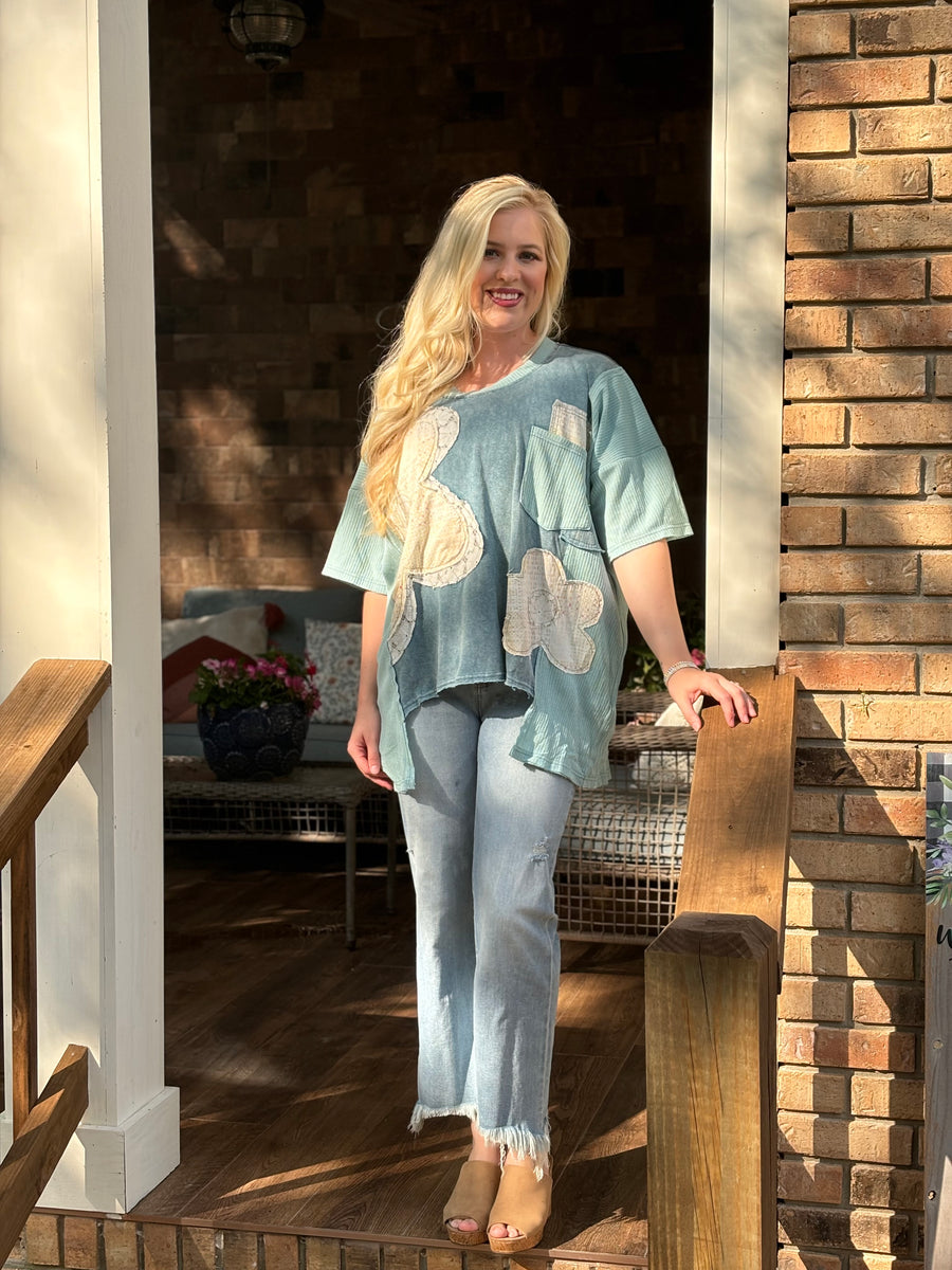 Oli and Hali teal flower patchwork top – Bella Vita Unique Boutique